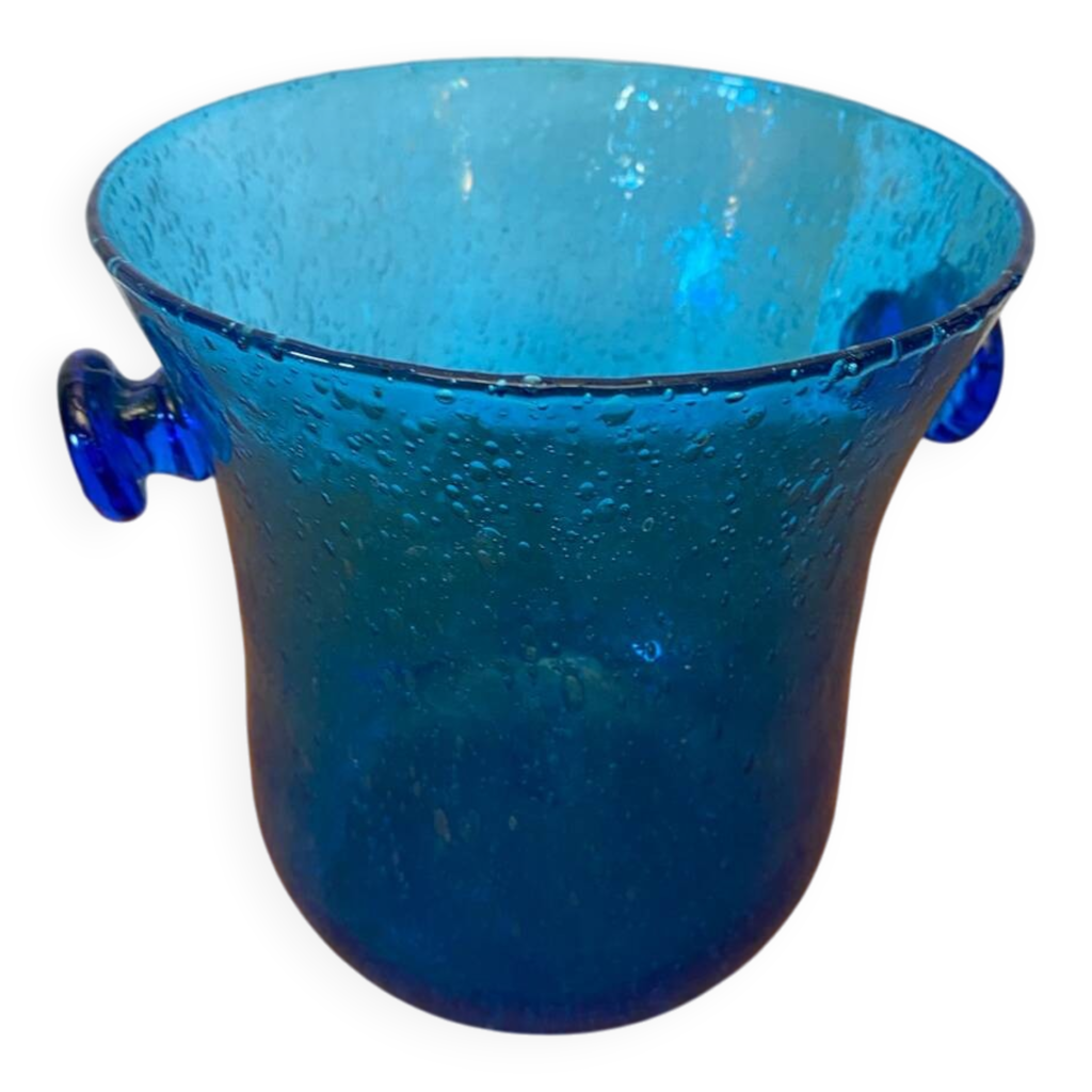 Seau a glace ancien style biot verre soufflé bullé bleu vintage | Selency