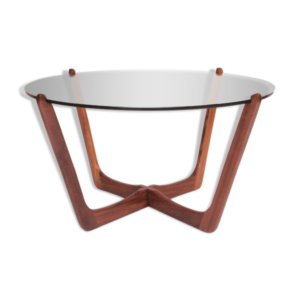 Table basse ronde scandinave vintage, verre et bois | Selency