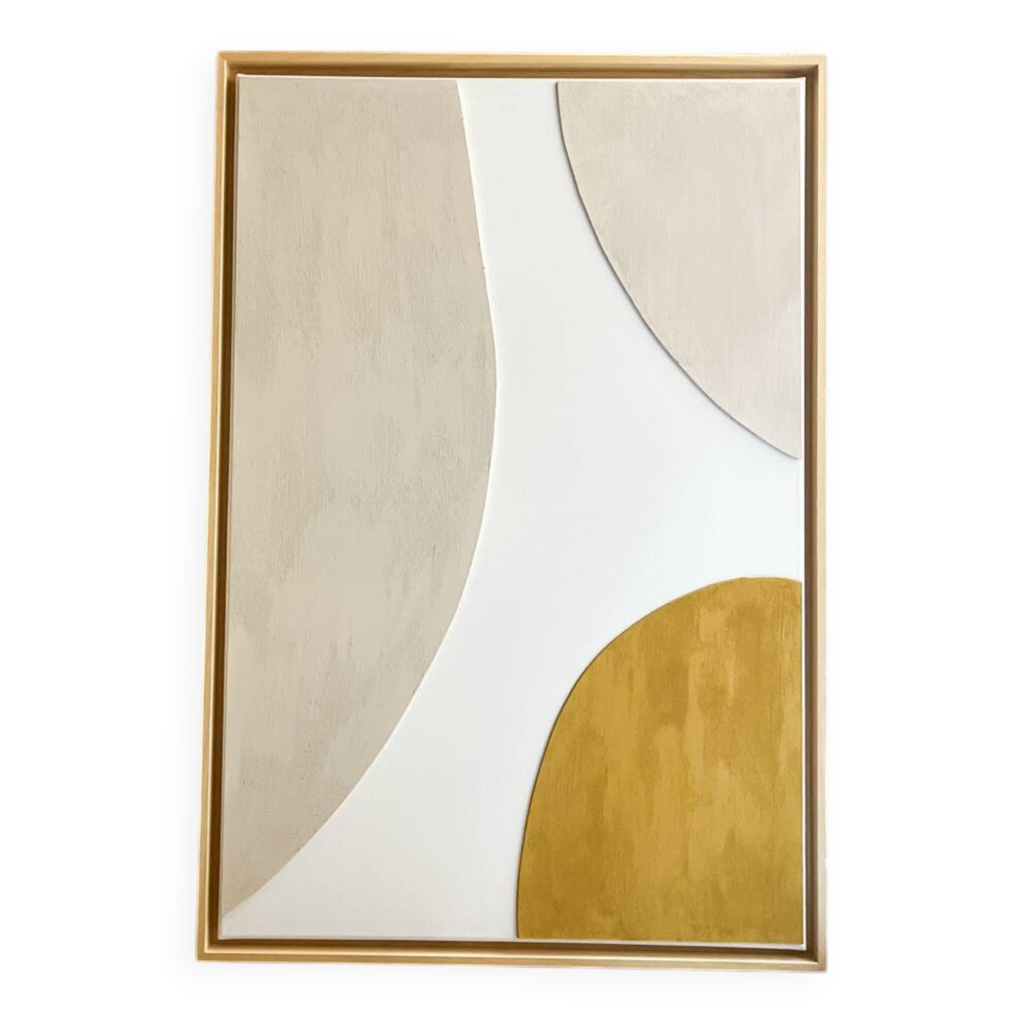 Tableau relief minimaliste jaune et beige lin | Selency