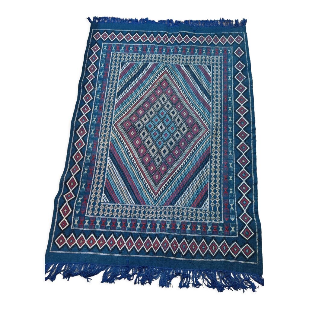 Tapis margoum bleu fait main en laine naturelle 160x250cm | Selency