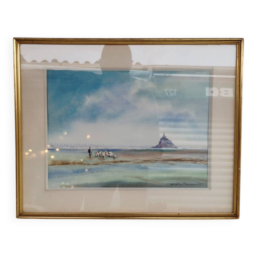 Aquarelle d'André Farault, Mont Saint Michel, années 80 | Selency