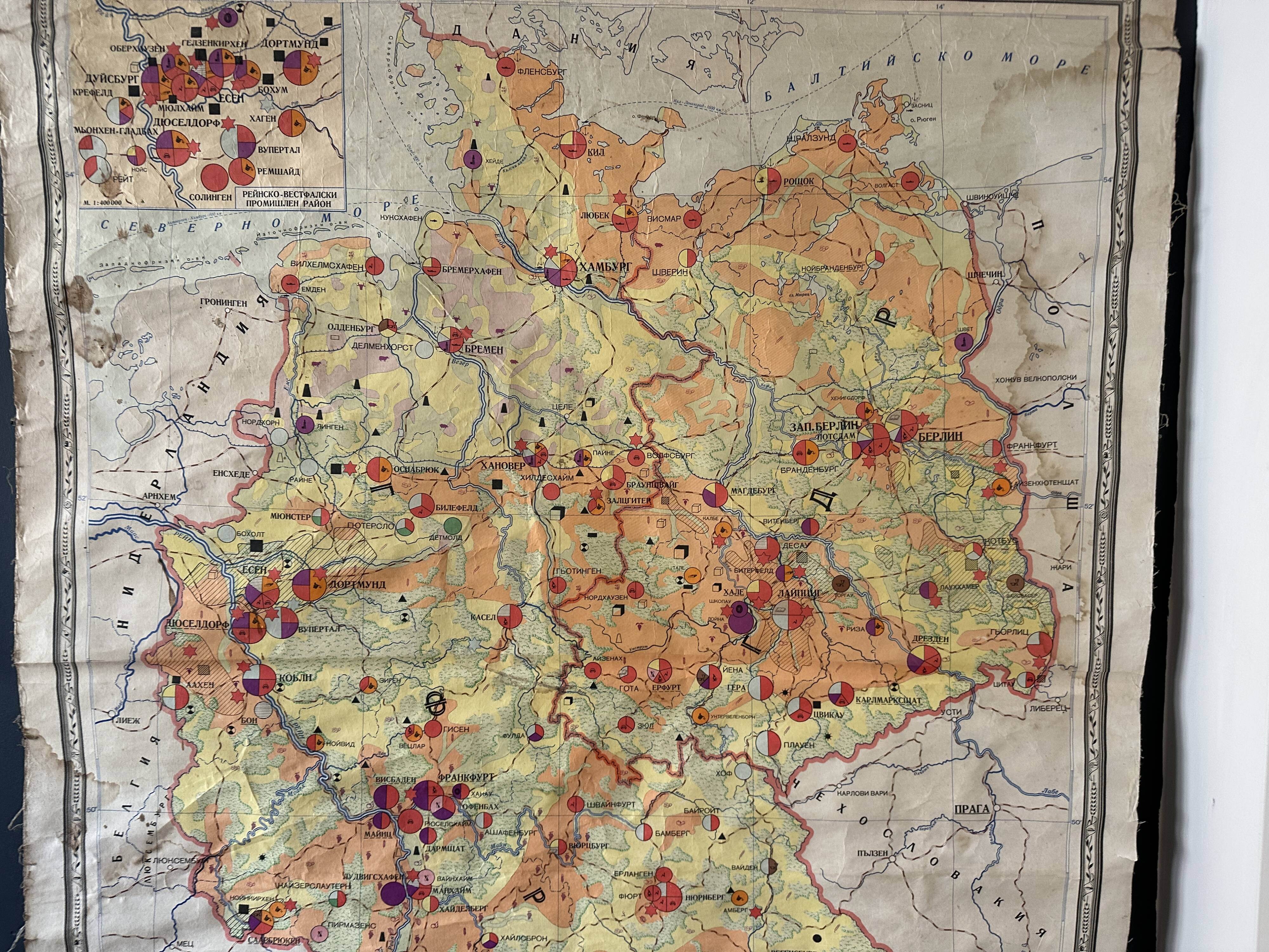 Cold war map of ddr east germany and west germany map 1963 linen school ...