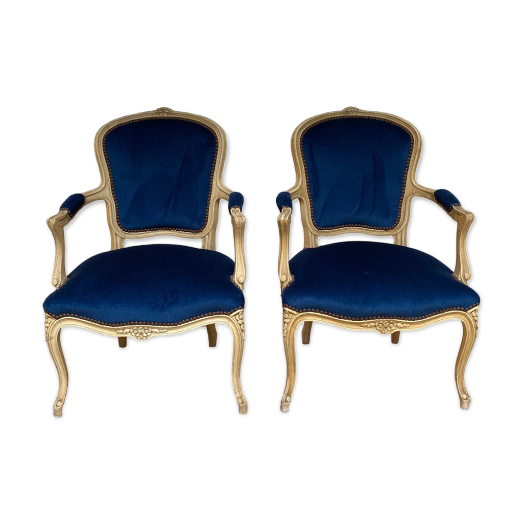 Paire de fauteuils style Louis XV en velours bleu | Selency
