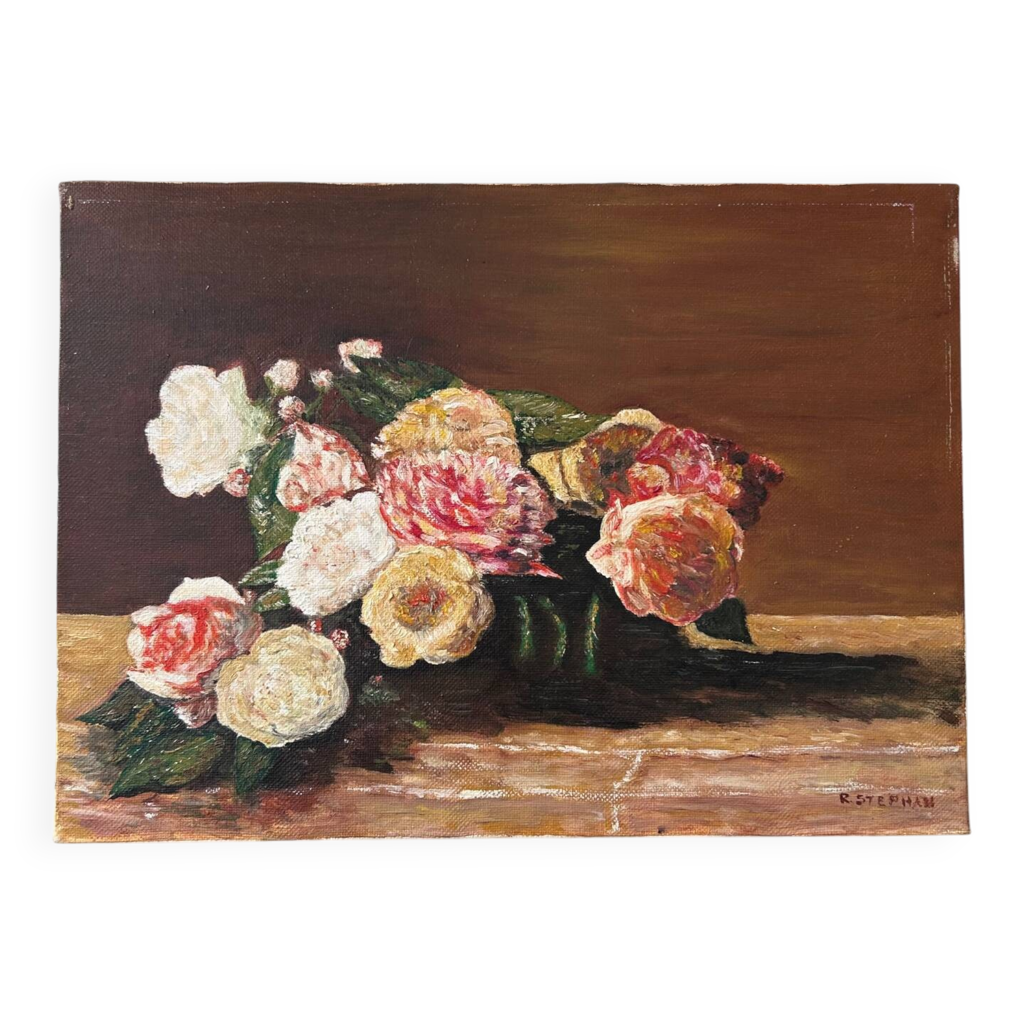 Tableau bouquet de roses anciennes signé R.Stephan | Selency