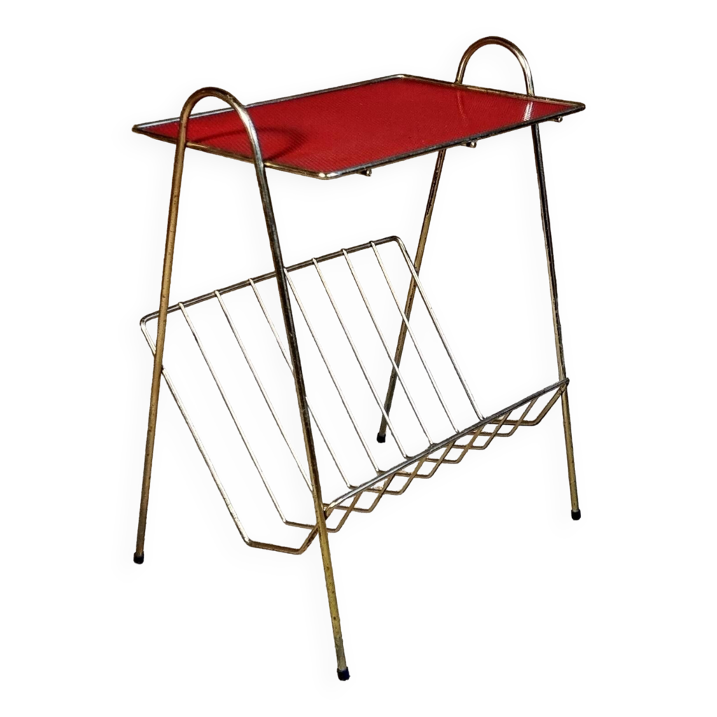 Porte-revues avec tablette métal doré et rouge années 70 | Selency