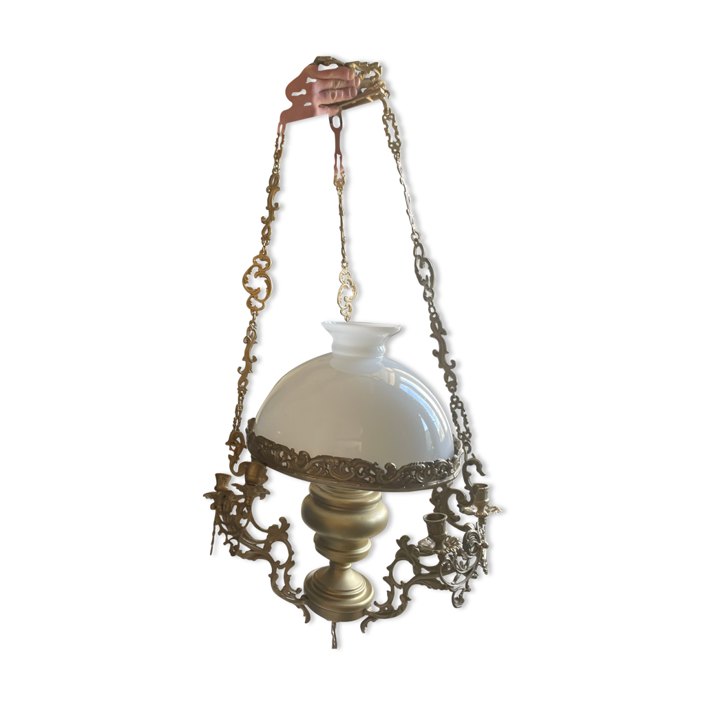 Lustre laiton avec mèche à pétrole avec opaline | Selency