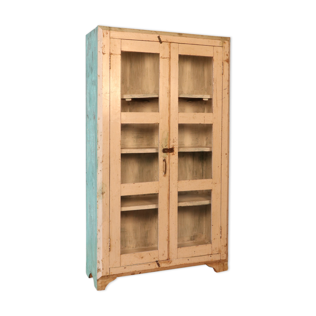 Vitrine en teck birman patine blanche-verte | Selency