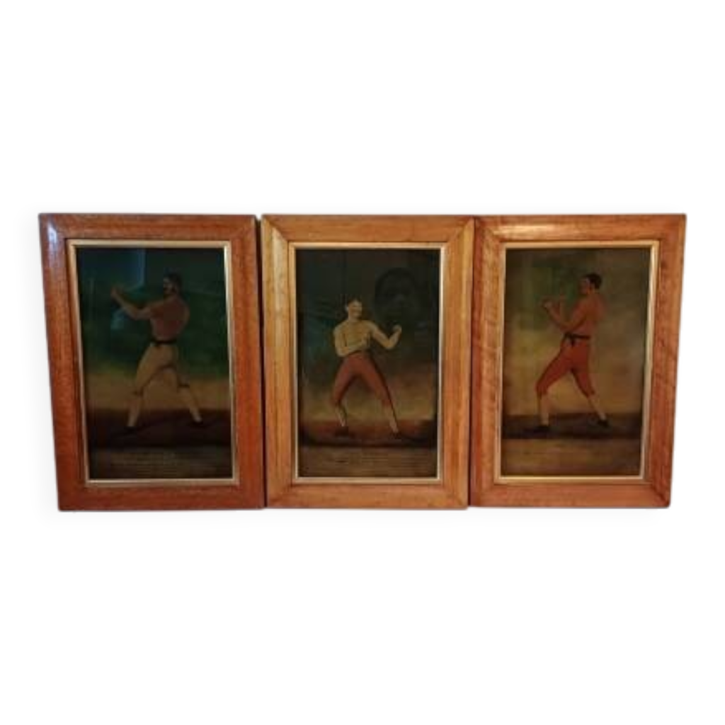 3 19th century watercolor drawings "legendary boxers" | Selency