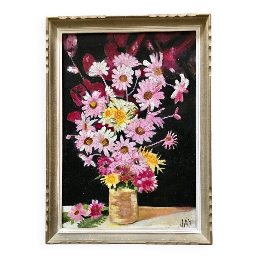 Tableau vintage à fleurs, cadre d origine | Selency