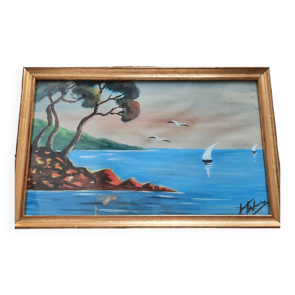 Petit tableau représentant un paysage de bord de mer | Selency