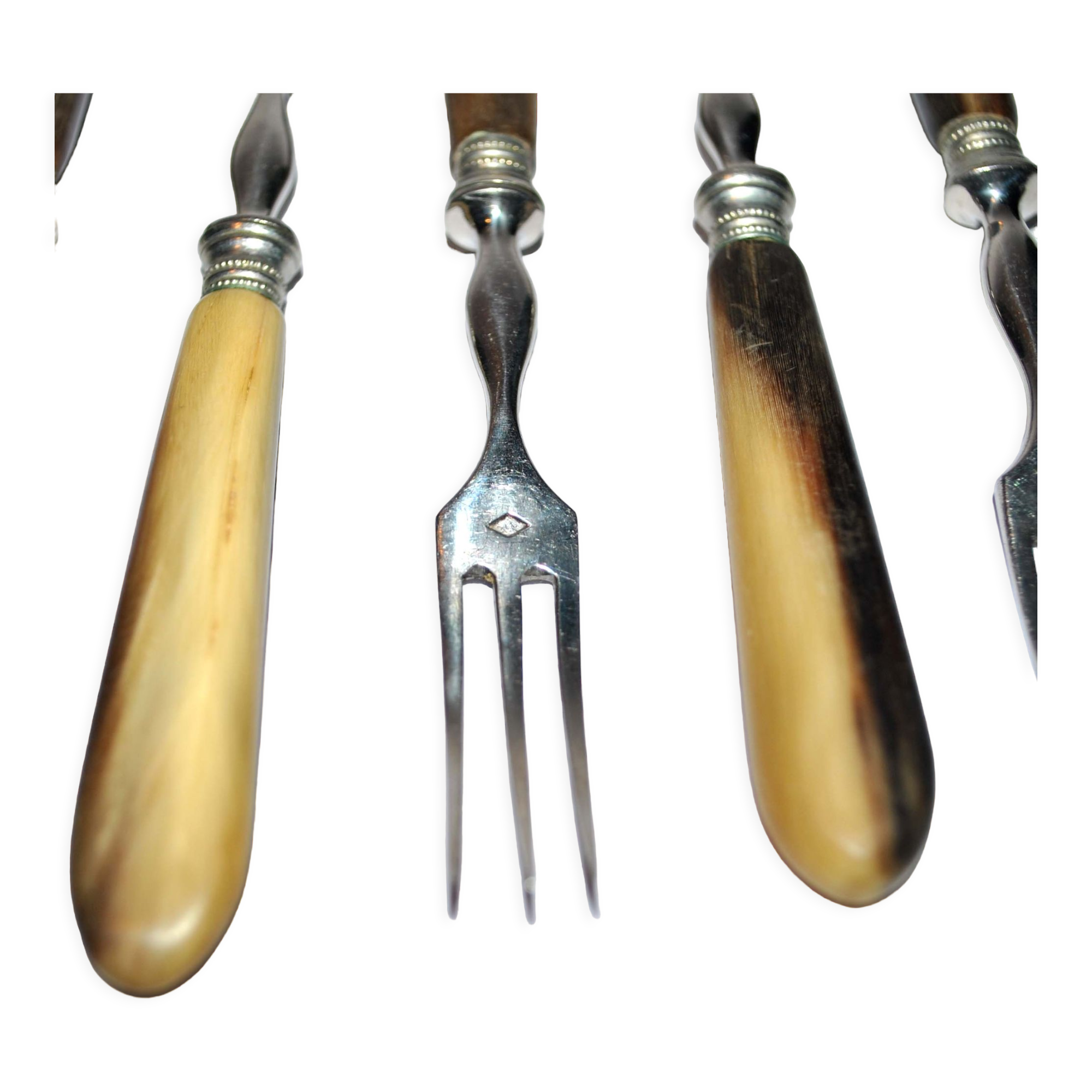 Série de 6 fourchettes à crustacés ou dessert en corne et acier anciens ...