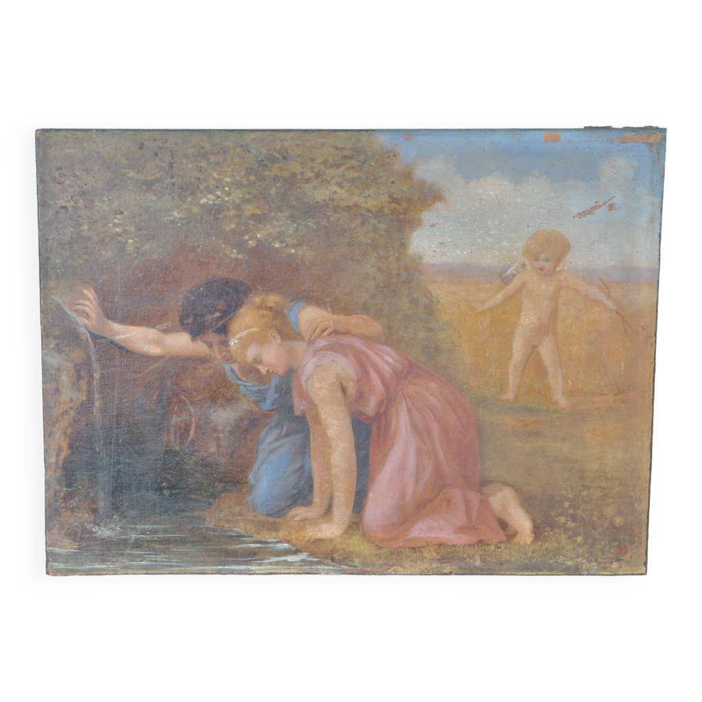 Peinture sur bois "Cupidon et un couple à la fontaine". | Selency