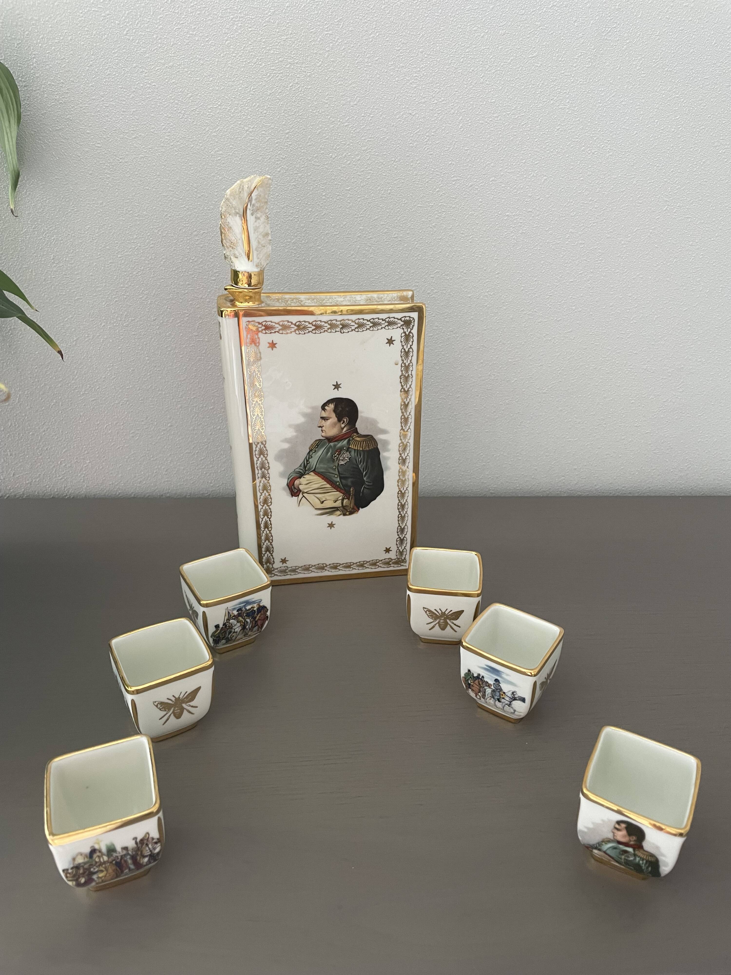 Service à cognac, Napoléon, porcelaine de Limoges, 6 verres, carafe ...
