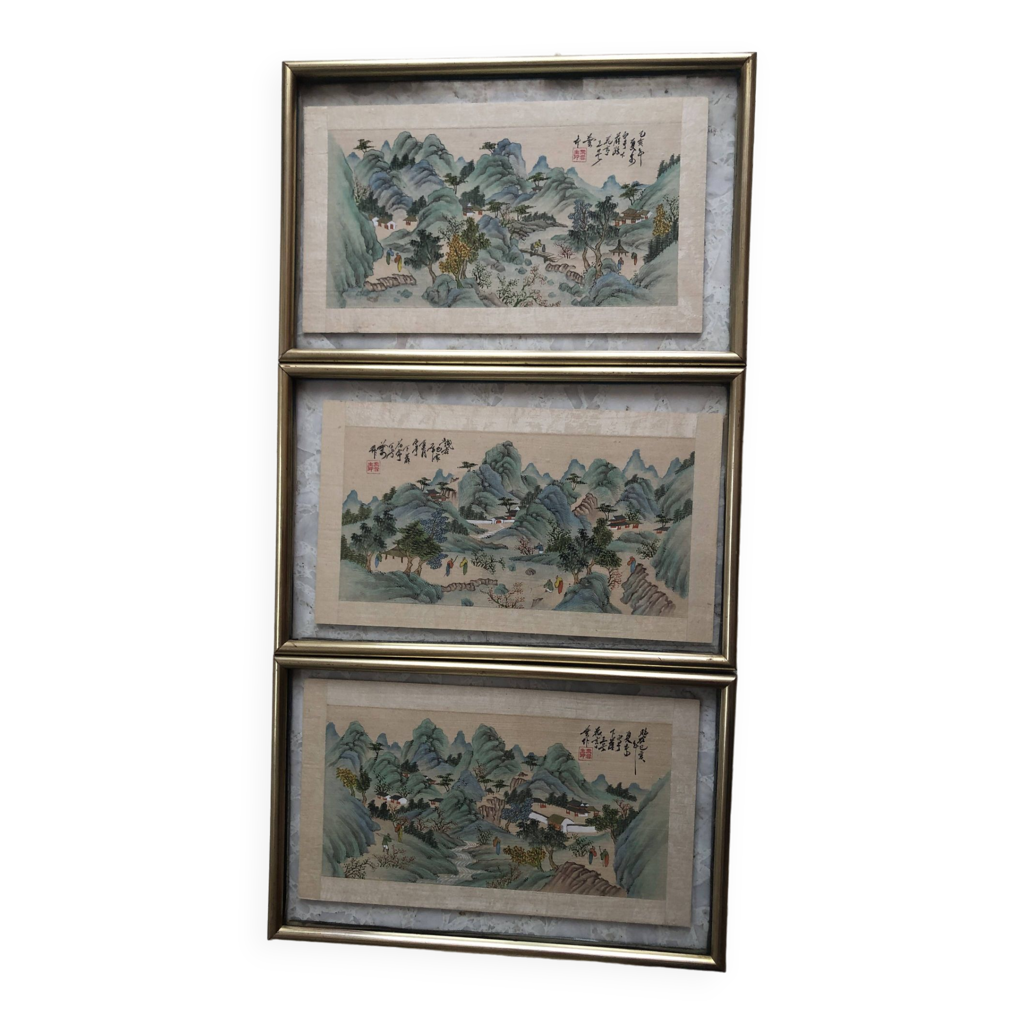 Lot 3 peinture chinoise sur soie, peintre ye xue sheng, paysage ...