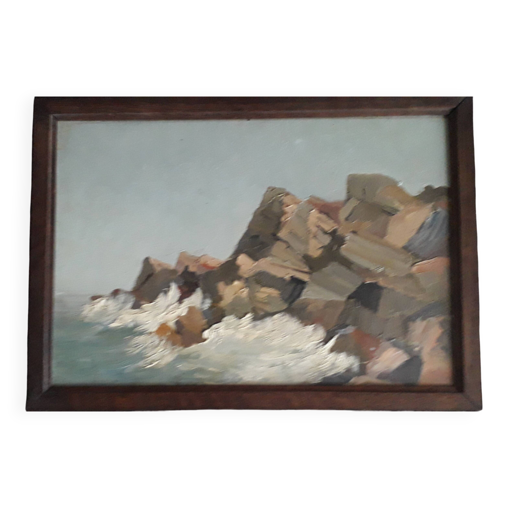 Tableau ancien à l'huile représentant un paysage de mer | Selency