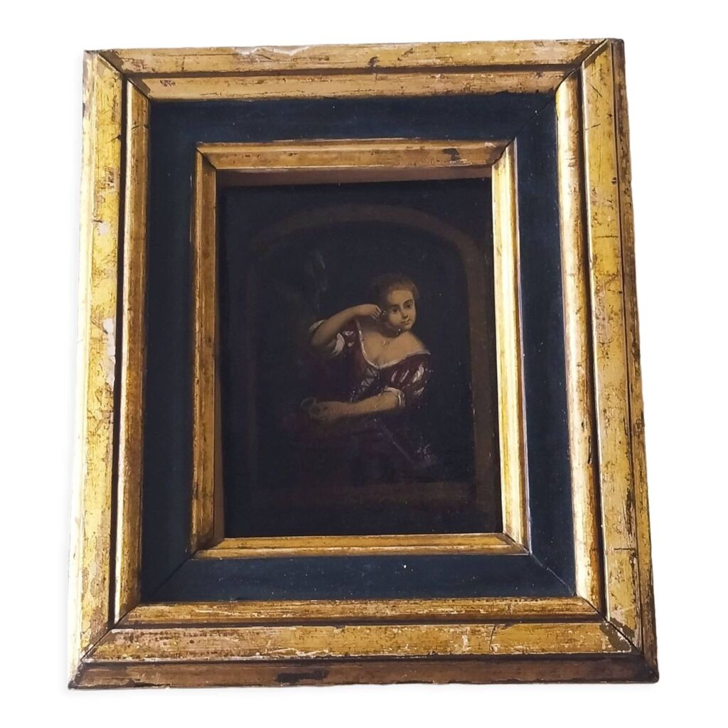 Tableau ancien sur métal jeune fille à la montre | Selency