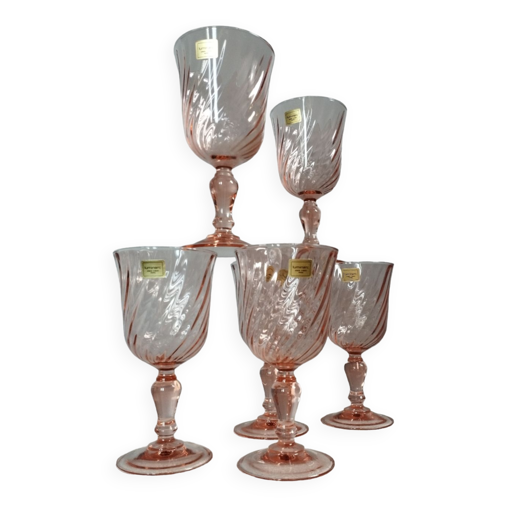 6 verres à pied rosaline verre dépression rose de Luminarc, 1970 | Selency