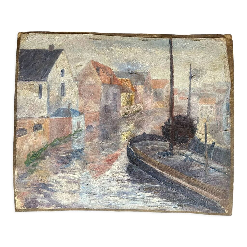 Peinture à l’huile française des années 1910 papier marouflé sur ...