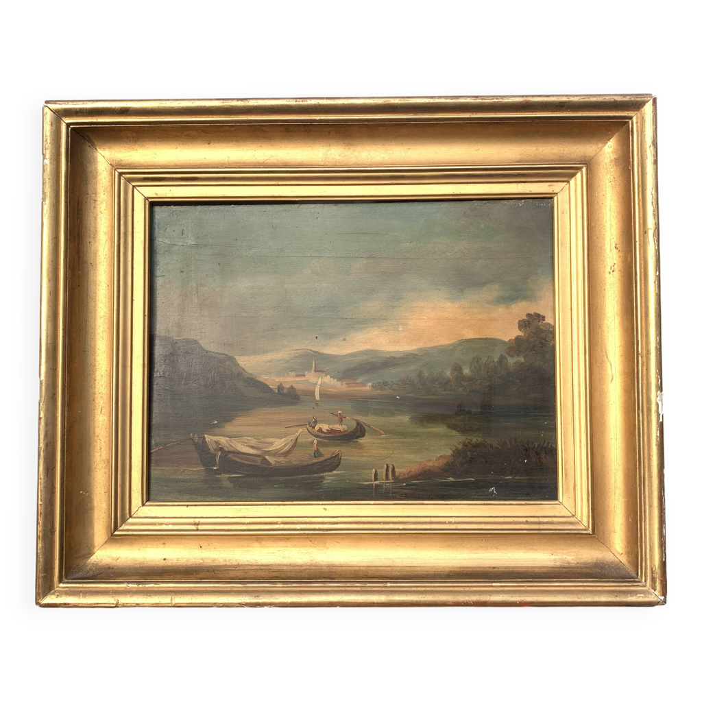 Tableau ancien Paysage pirogue | Selency