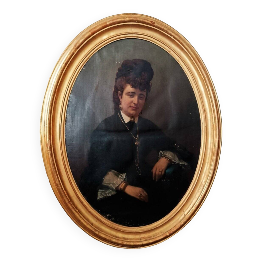 Tableau antique portrait de gentille dame cadre doré 19ème siècle ...