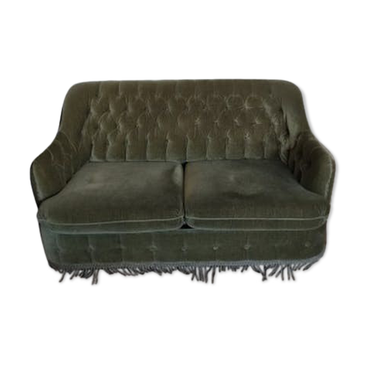 Canapé convertible 2 places velours capitonné vert olive | Selency