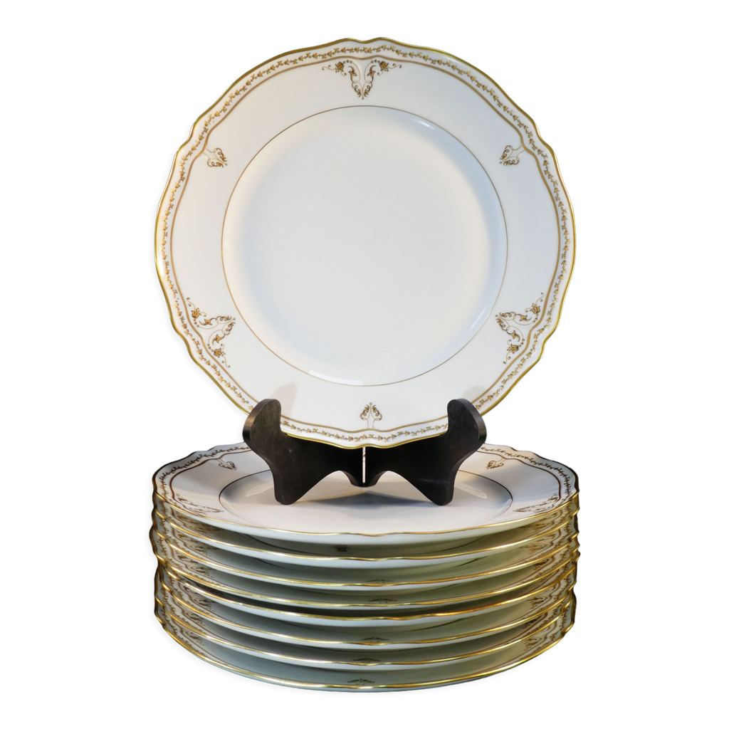 9 grande assiettes plates en porcelaine de Limoges giraud doré peint a ...