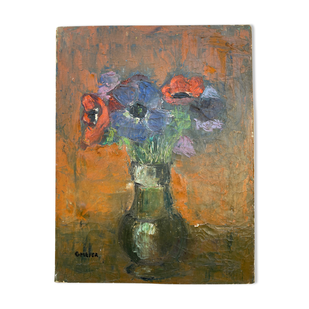Tableau ancien nature morte signé G. Meyer Anémones Still Life | Selency