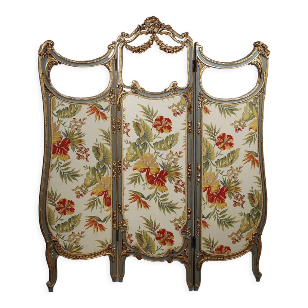 Paravent de Style Louis XV à trois feuille en bois mouluré et tissus ...