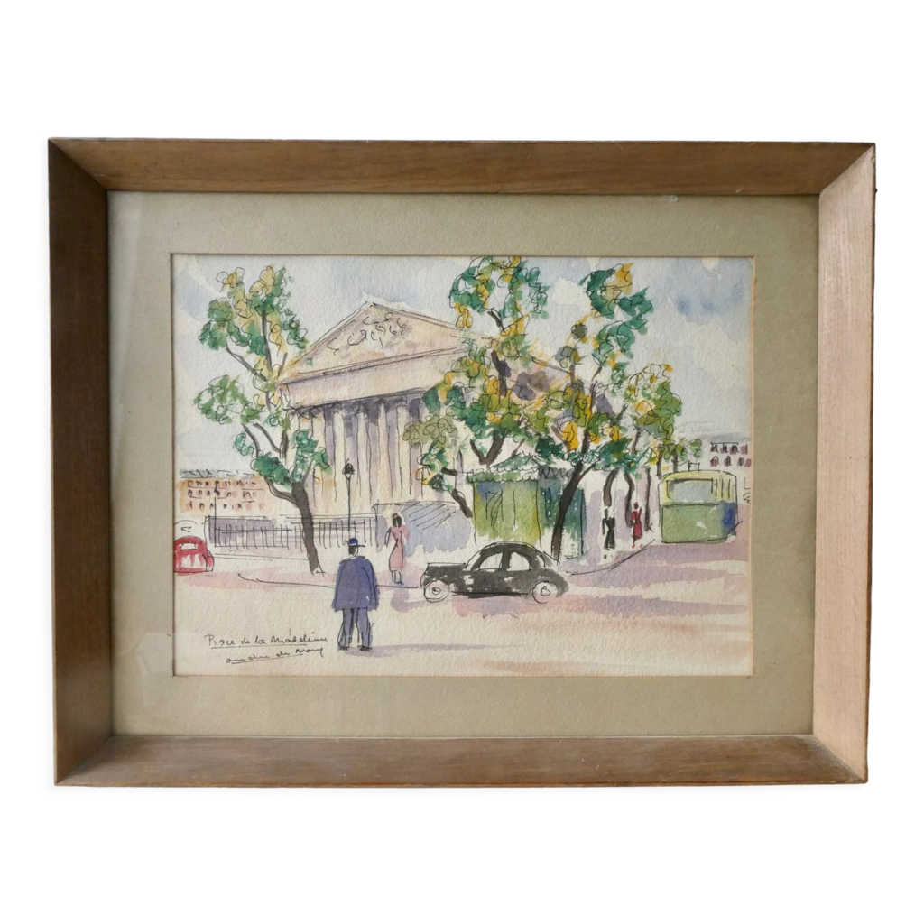 Tableau aquarelle de la place de la Madeleine à Paris, années 50 | Selency