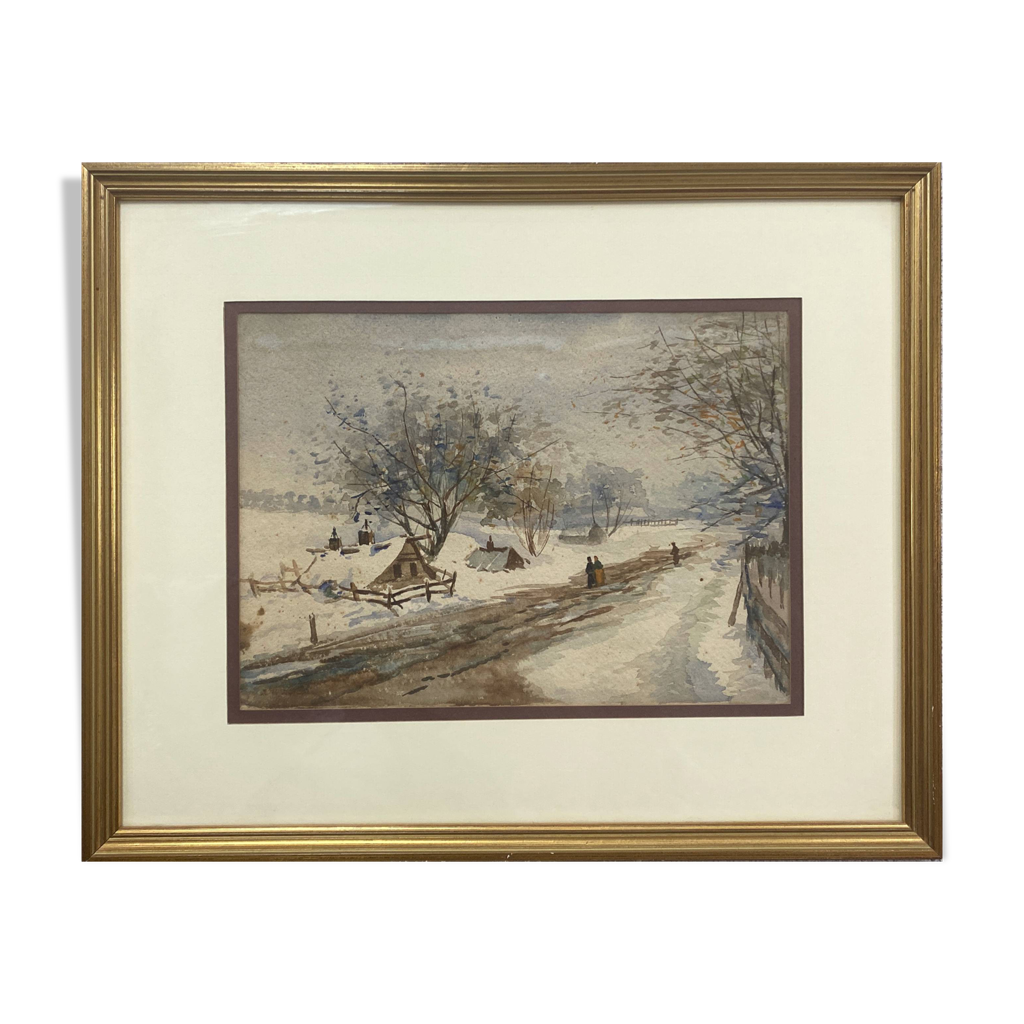Tableau ancien Aquarelle "Paysage de neige" + cadre | Selency