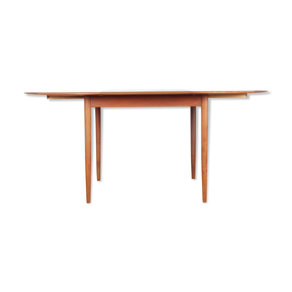 Table scandinave ronde en teck à rallonge papillon | Selency