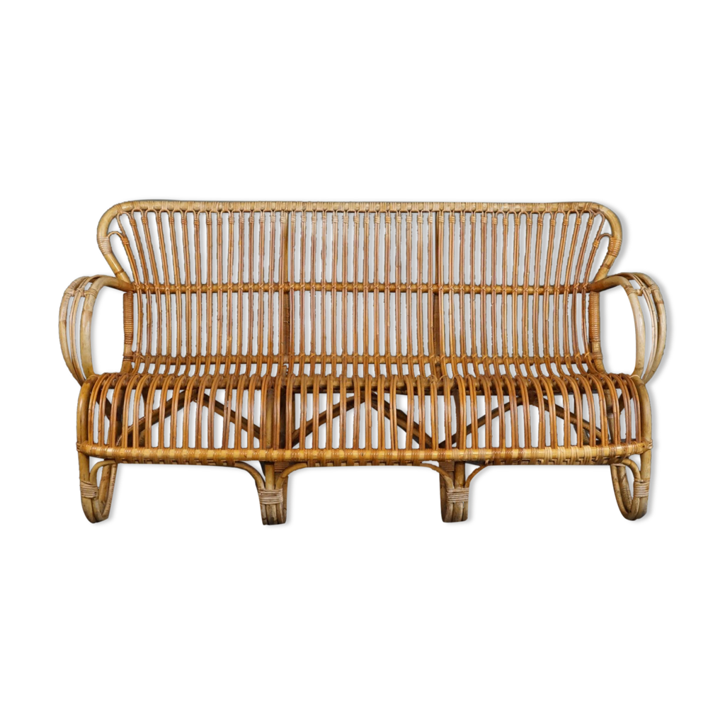 Canapé 3 places en rotin du milieu du siècle, Dutch Design, 1950 | Selency