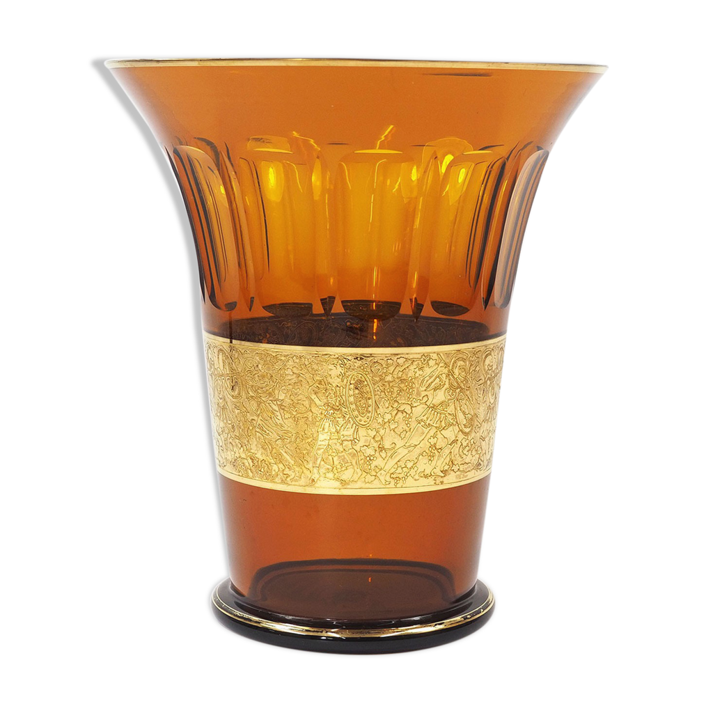 Art Deco Moser Karlsbad Large Amber Glass Vase with Oroplastic Frieze ...
