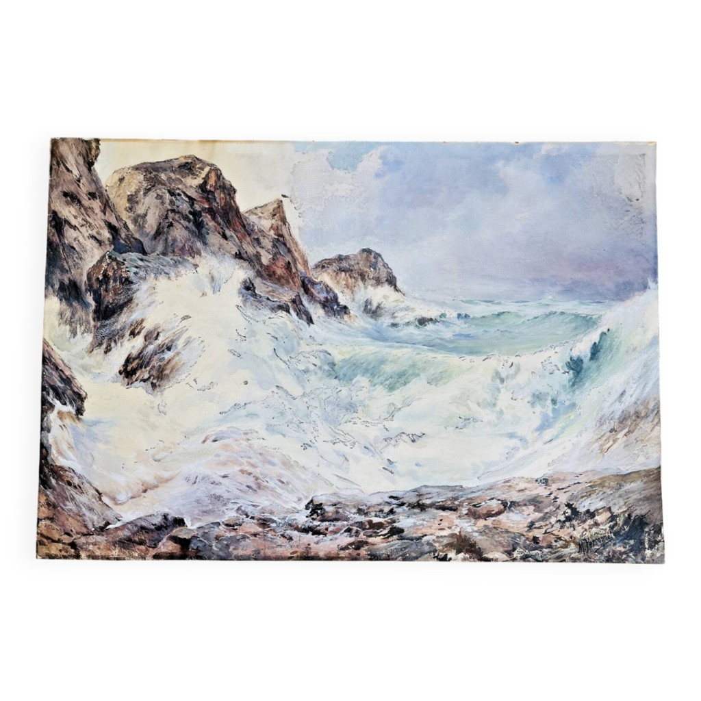 Watercolor Maurice Perronnet (1877-1950) Wave breaking against a rock ...