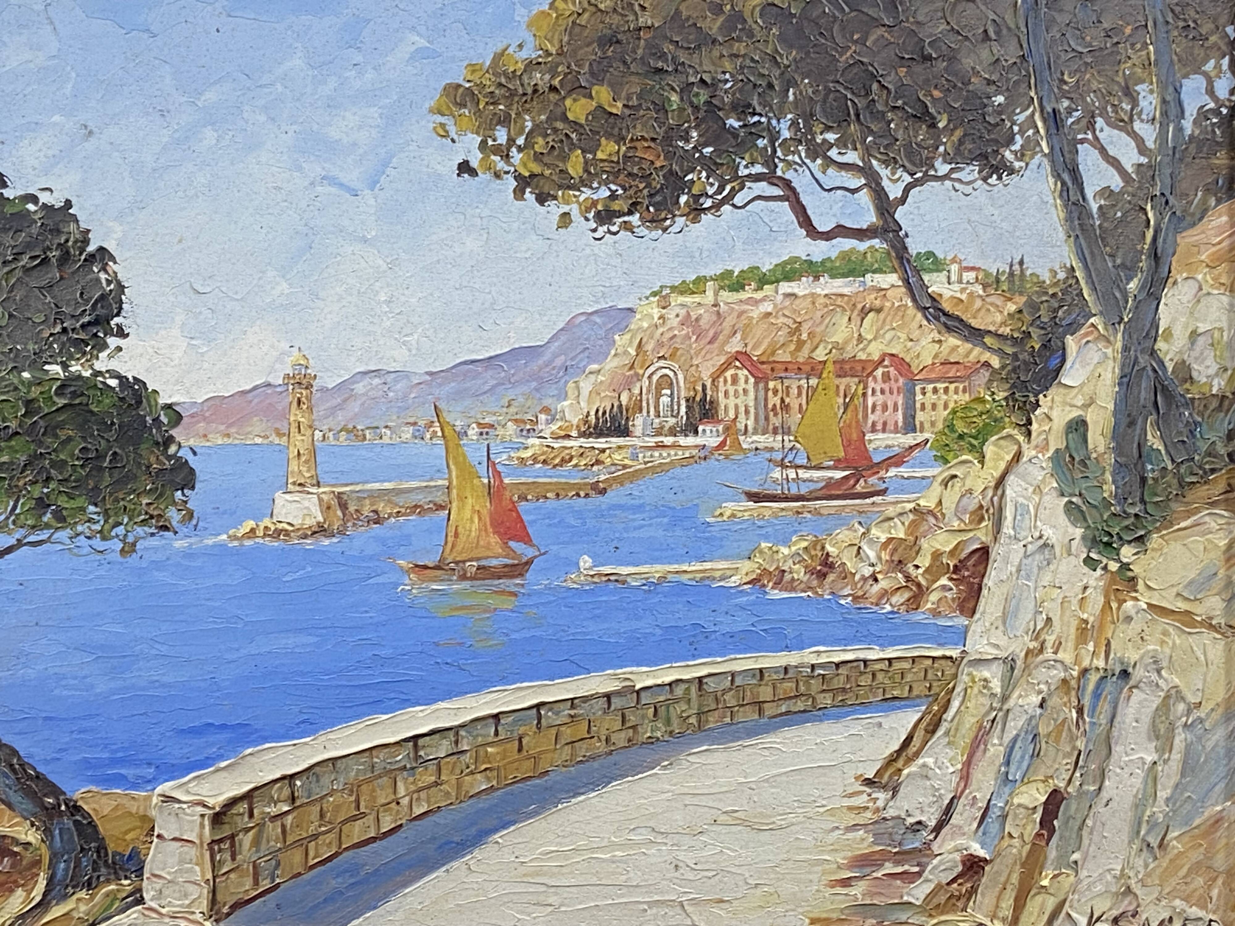 Tableau signé Xavier SAGER 1881-1969 Route de Nice vue sur port | Selency