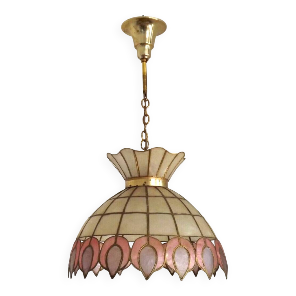 French Vintage Capiz Shell Ceiling Light With Pink Peacock Feather ...
