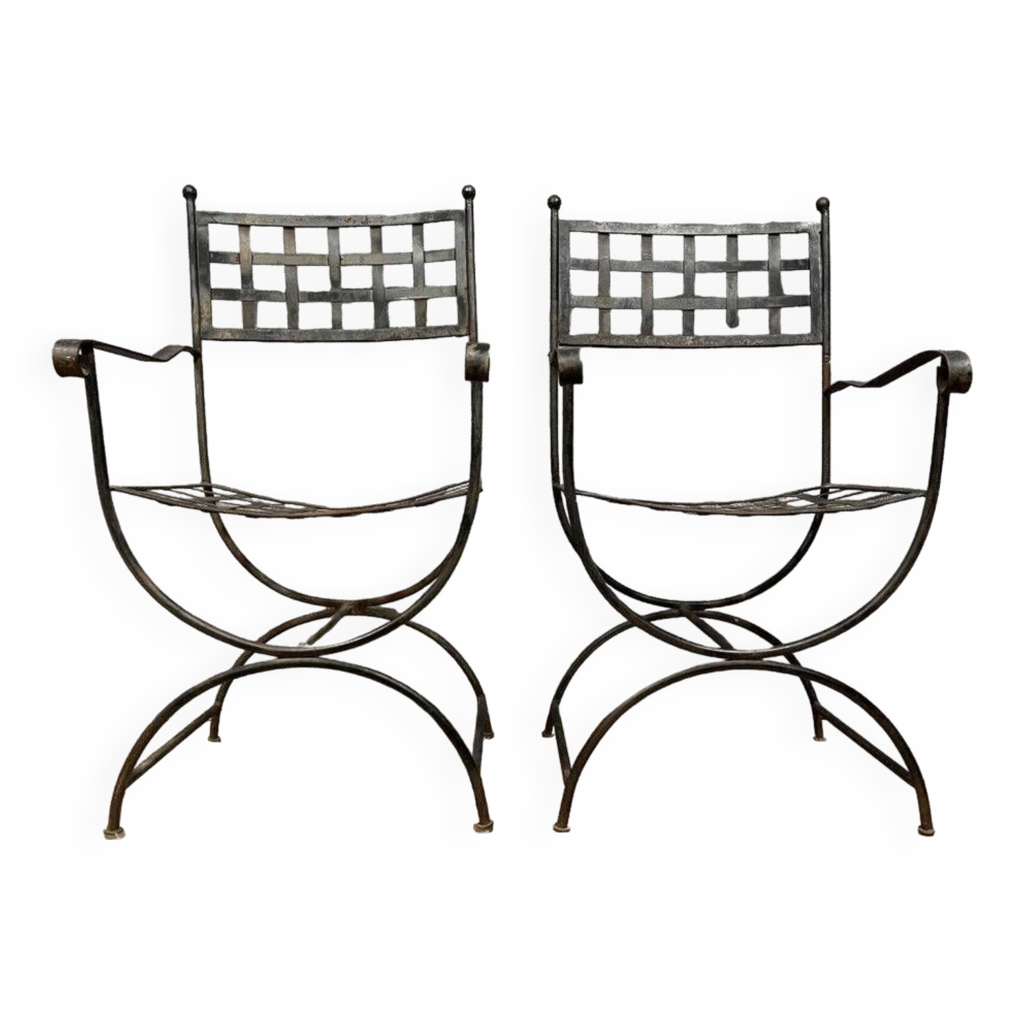 Paire de fauteuils curules style Néo classique en fer vers 1930 | Selency