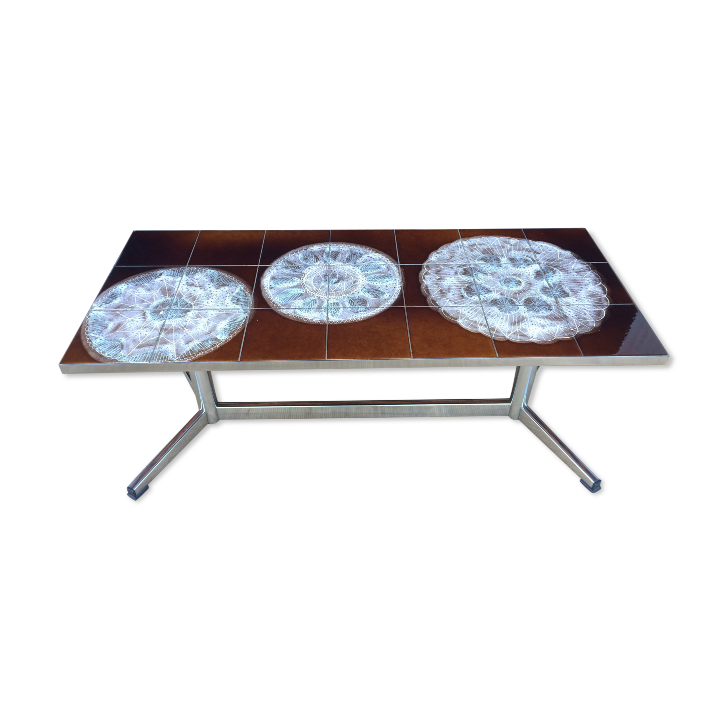 Table basse chrome et faïence 1970 | Selency