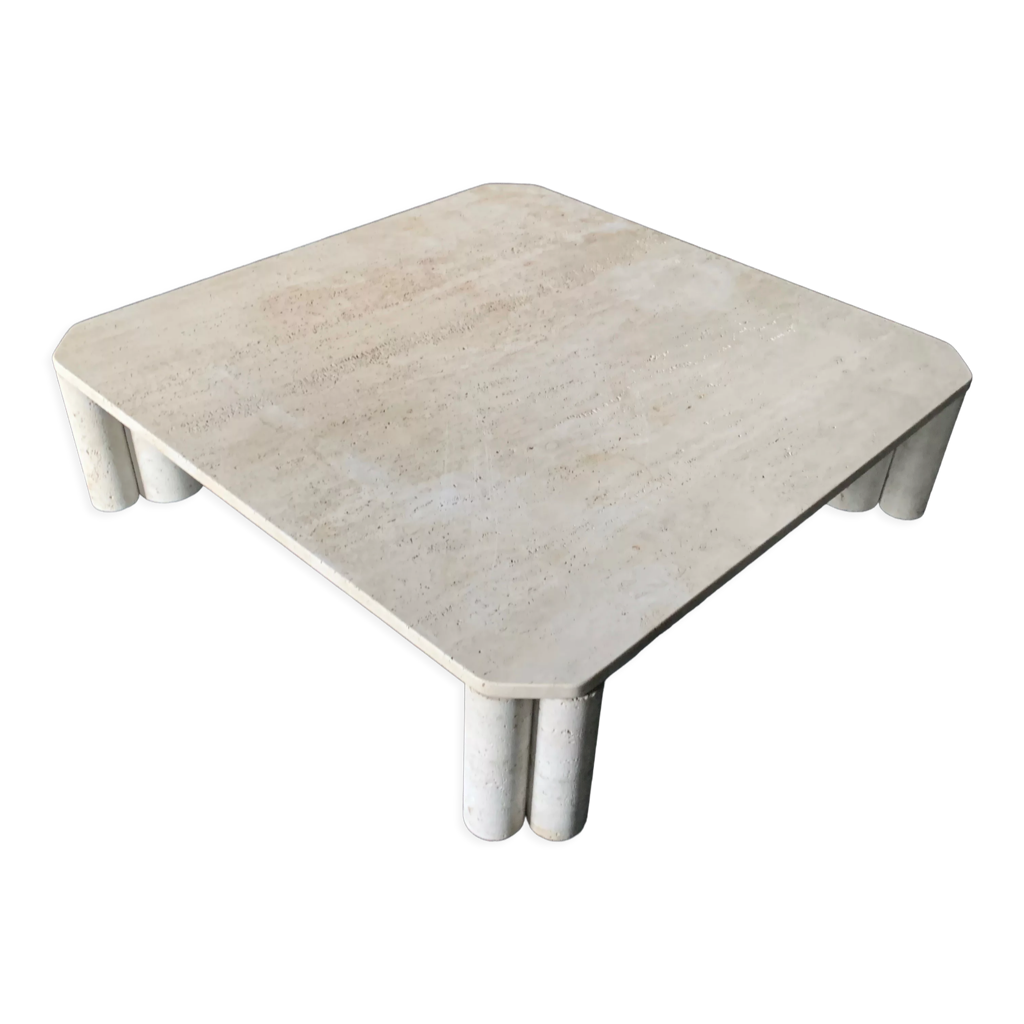 Table basse en travertin carré avec pieds en triple cylindres | Selency