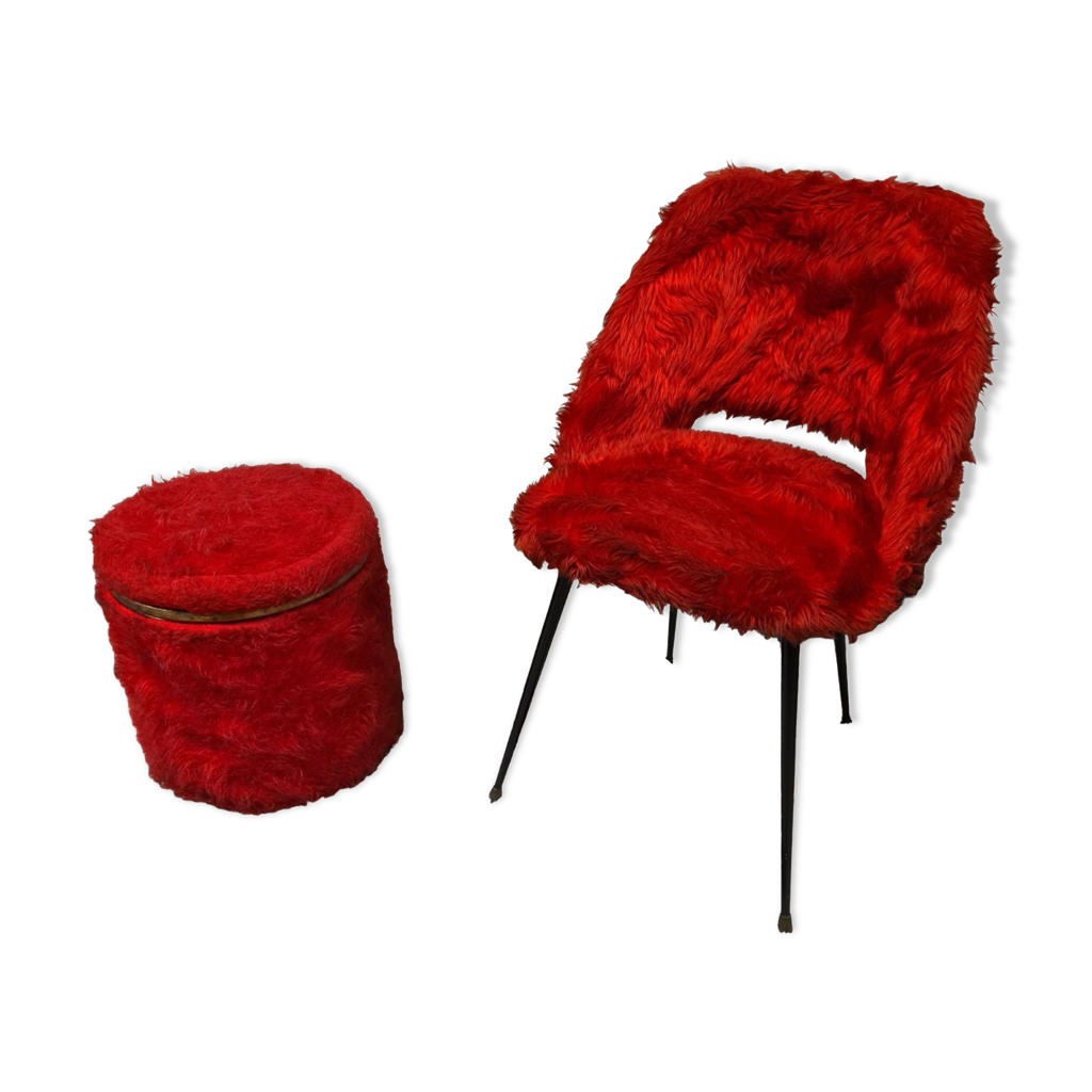 Chaise pouf coffre moumoute rouge 1970 vintage | Selency