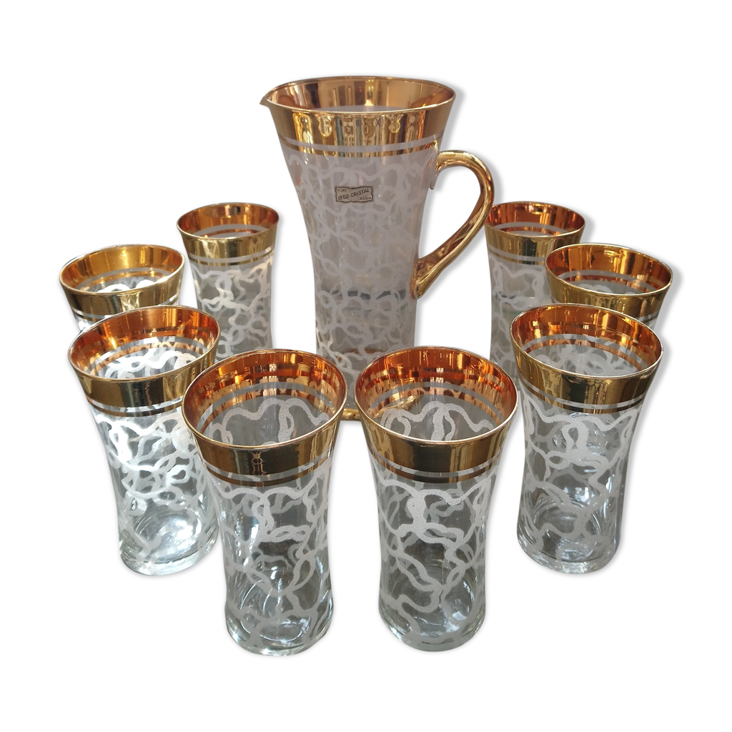 Service à orangeade en cristal décor doré et givre années 70 | Selency
