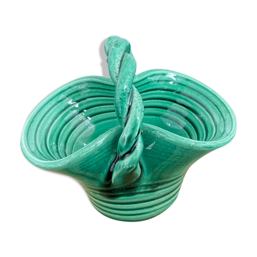 Panier tressé vert faïence émaillée rainures stylisé décor, décoration ...