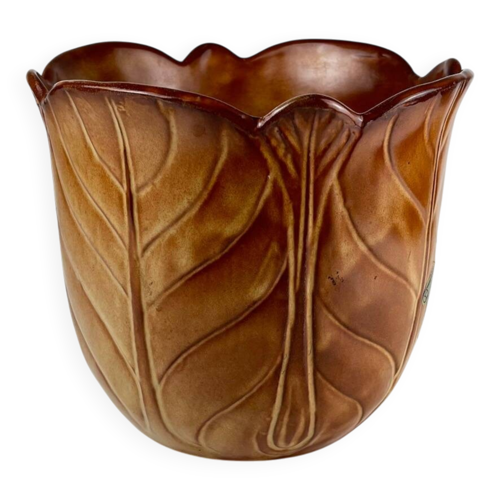 Cache-pot en faïence brune effet feuille nervurée, 1960/70 | Selency