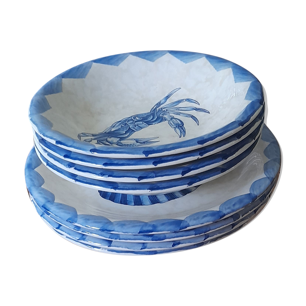Lot de 4 assiettes plates et 4 creuses ambiance bord de mer, vie marine ...