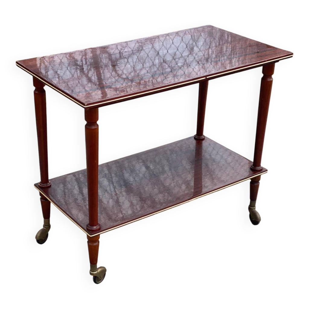 Desserte table roulante 2 niveaux en acajou laqué et laiton 1960 | Selency