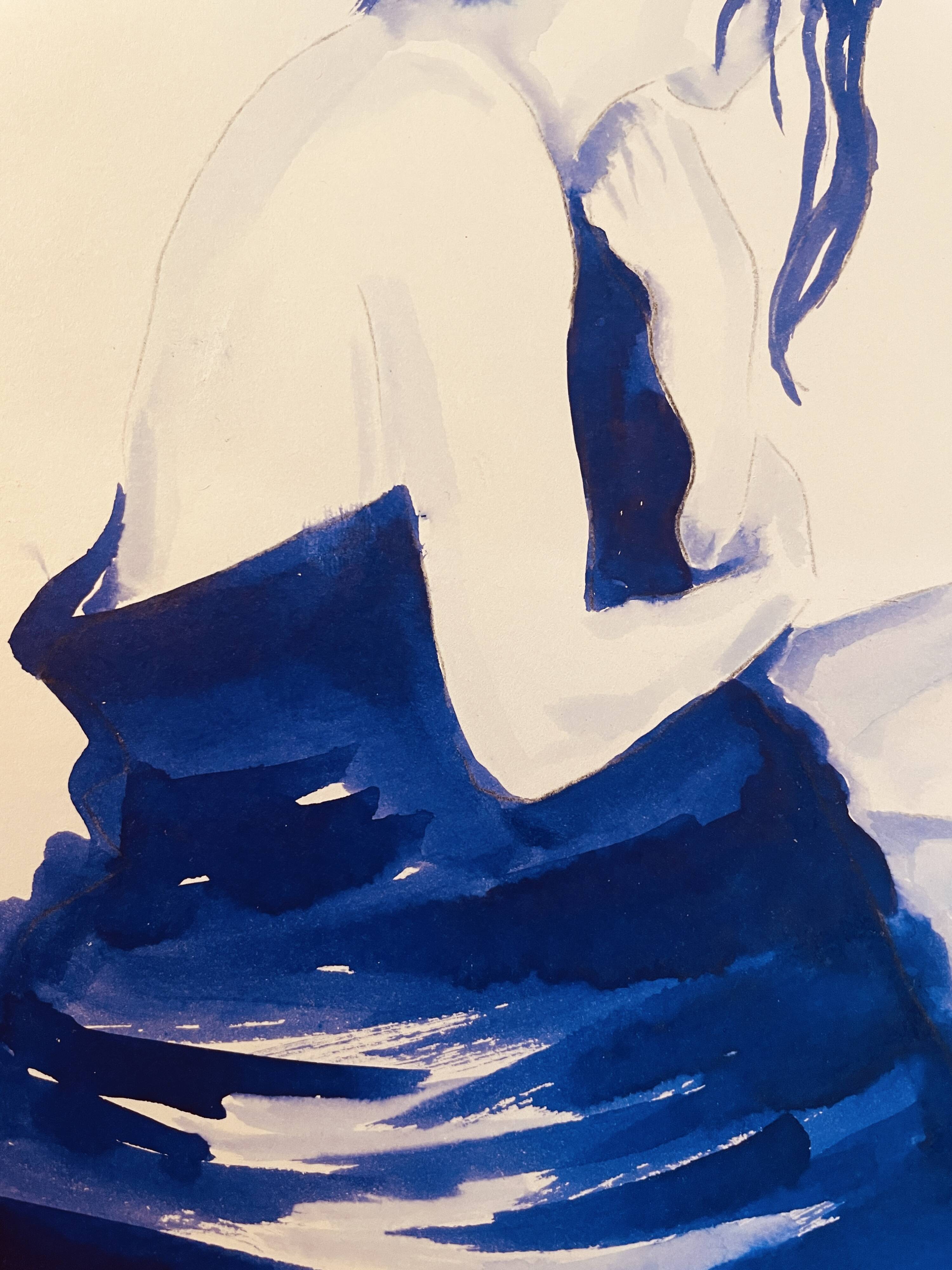 Tableau aquarelle monochrome bleu indigo portrait féminin «sortie du ...