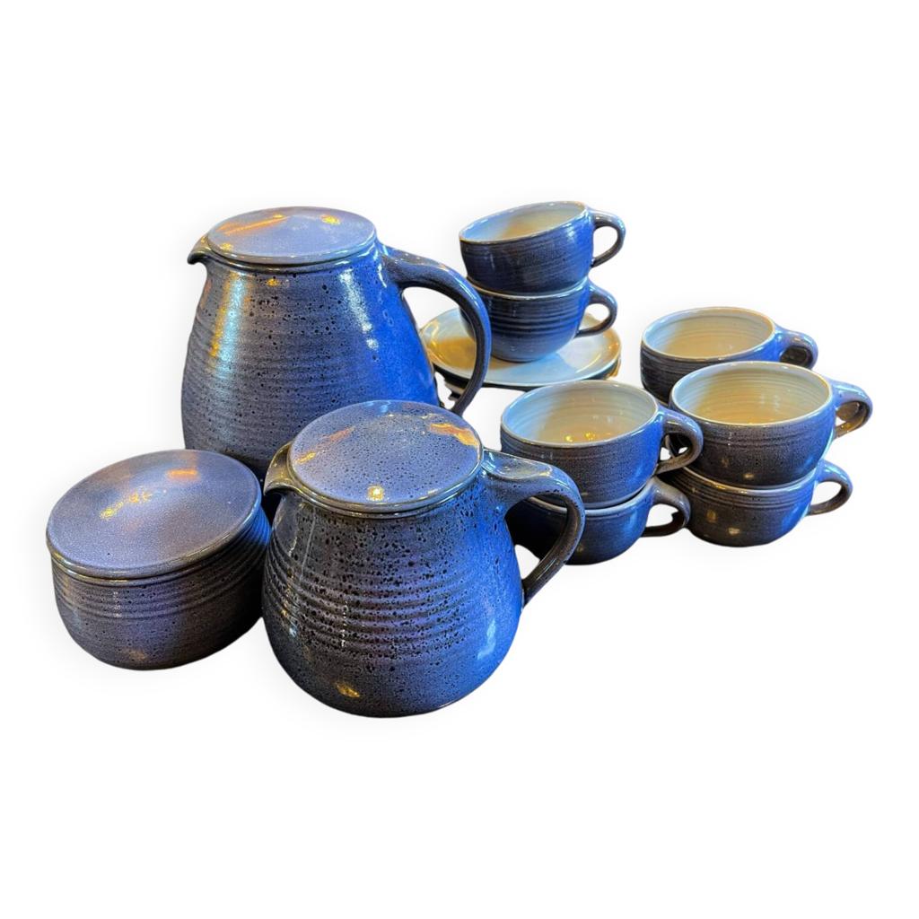 service à café bleu complet en céramique émaillée, Bernard Thiran, ca 1970 | Selency