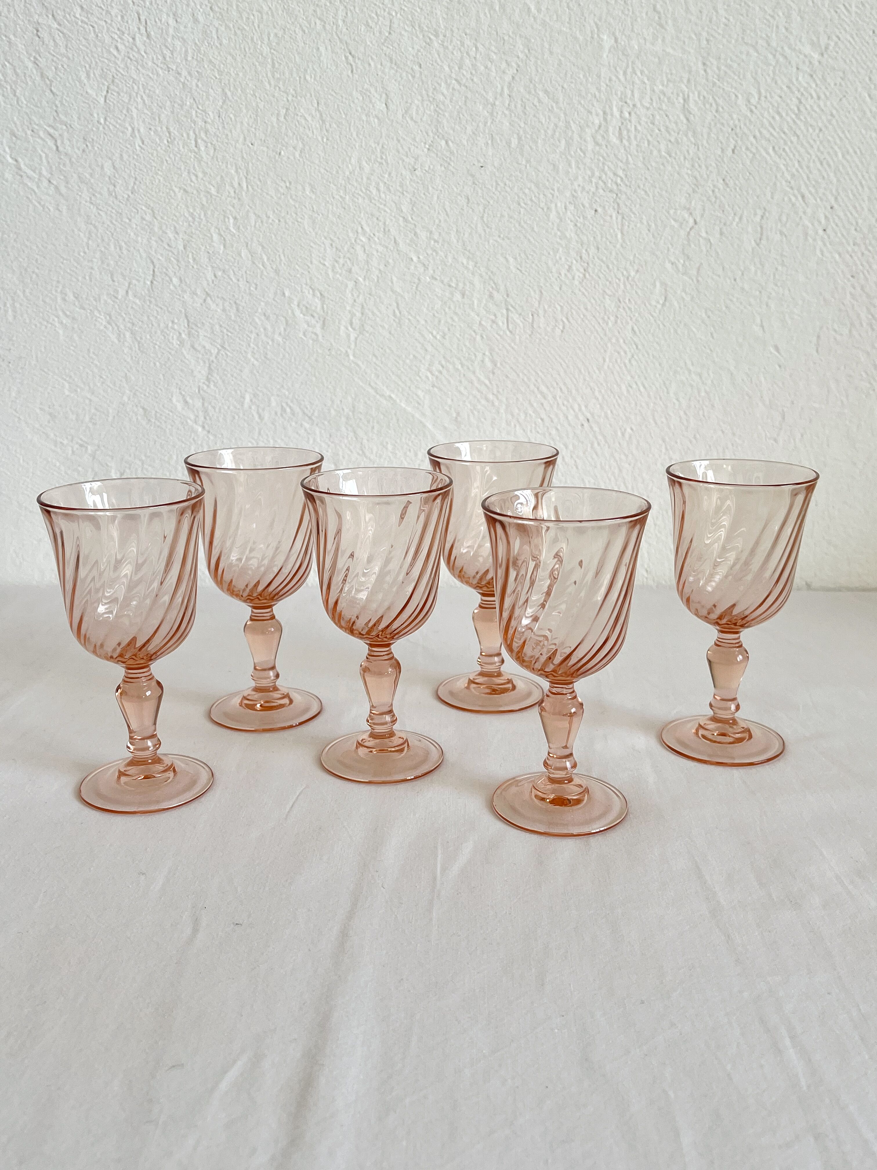 6 verres à pied à vin blanc en verre rose torsadé Rosaline vintage ...