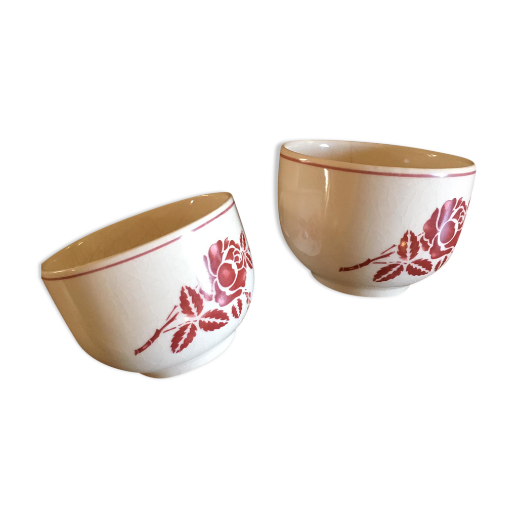 2 Tasses Anciennes En Faïence Motifs Fleurs Rouges Selency