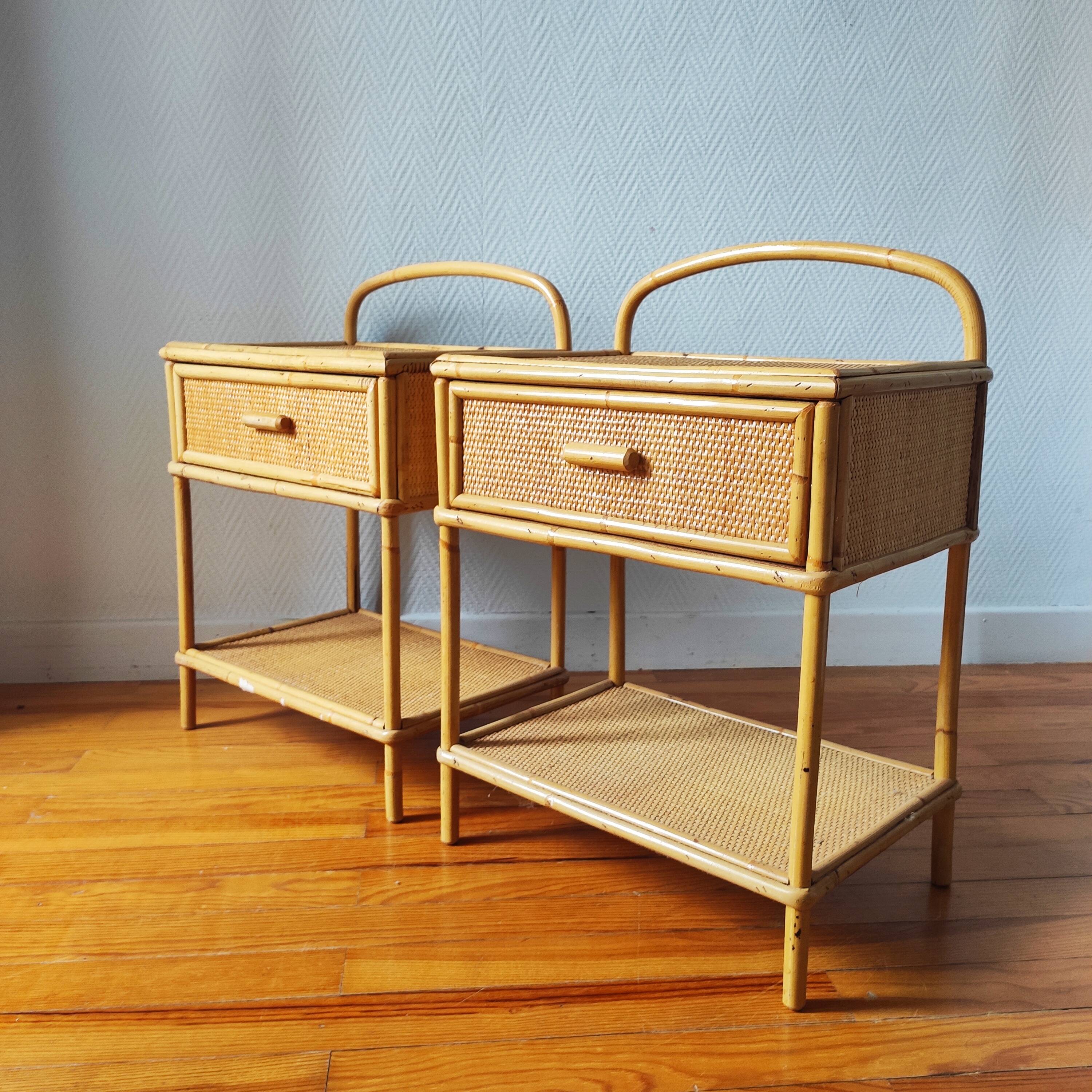 Pair of vintage 1980s rattan bedside tables | Selency
